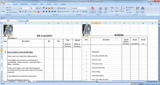 Sample Boq Excel Formats Bill Of Quantities Format For The 