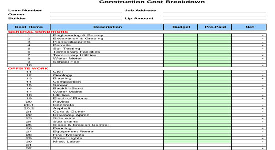 Construction Cost Breakdown Sheet Cost Estimating
