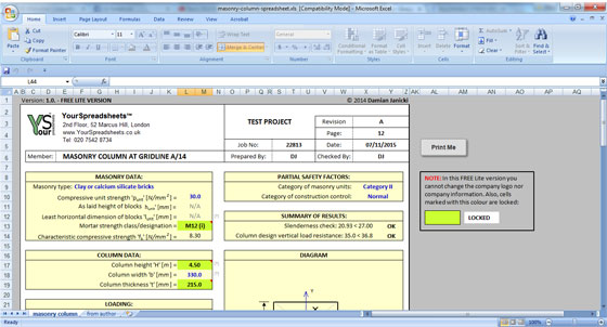 Masonry Column Design Spreadsheet | Masonry Column Construction